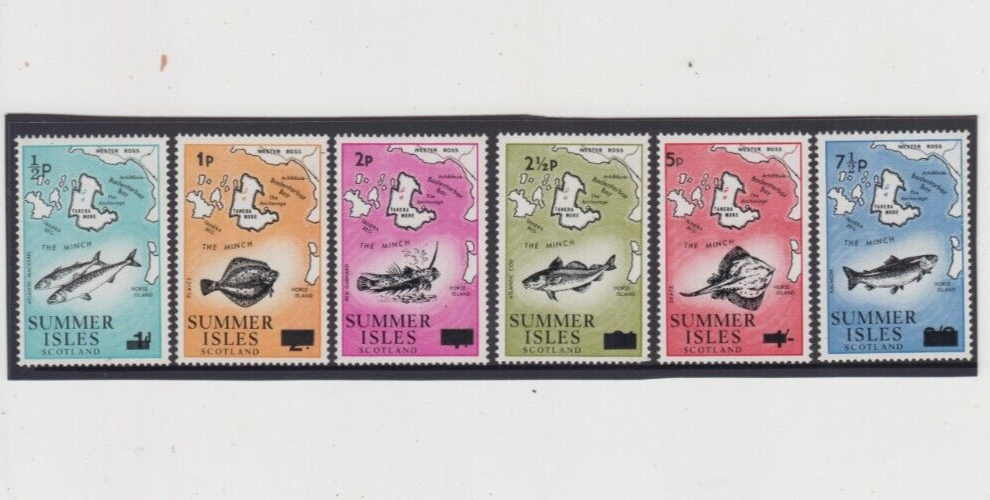 Stamps 1971 Summer Isles Scotland fish set of 6 surcharged new values ...