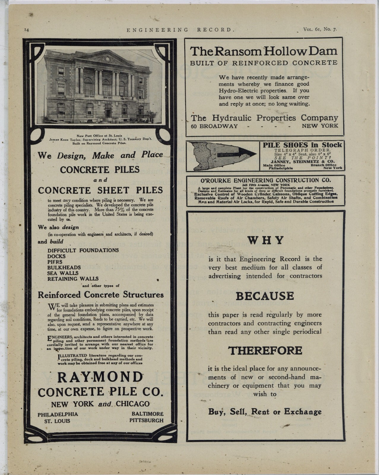 1910 Raymond Concrete Pile Co. Ad: St. Louis Post Office NEW Building w ...