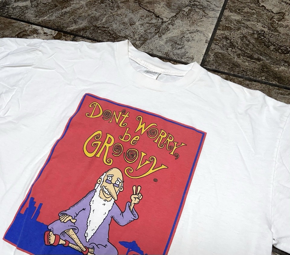 Silver Mountain Shoebox T-Shirt Don’t Worry Be Groovy Graphic Men’s XL ...