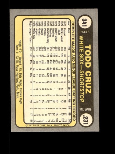 Chicago White Sox Todd Cruz #341 Fleer Baseball Near Mint or Better top ...