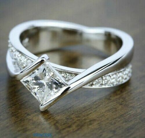 14K White Gold Plated 1.5Ct Princess Cut Moissanite Elegance Shank ...