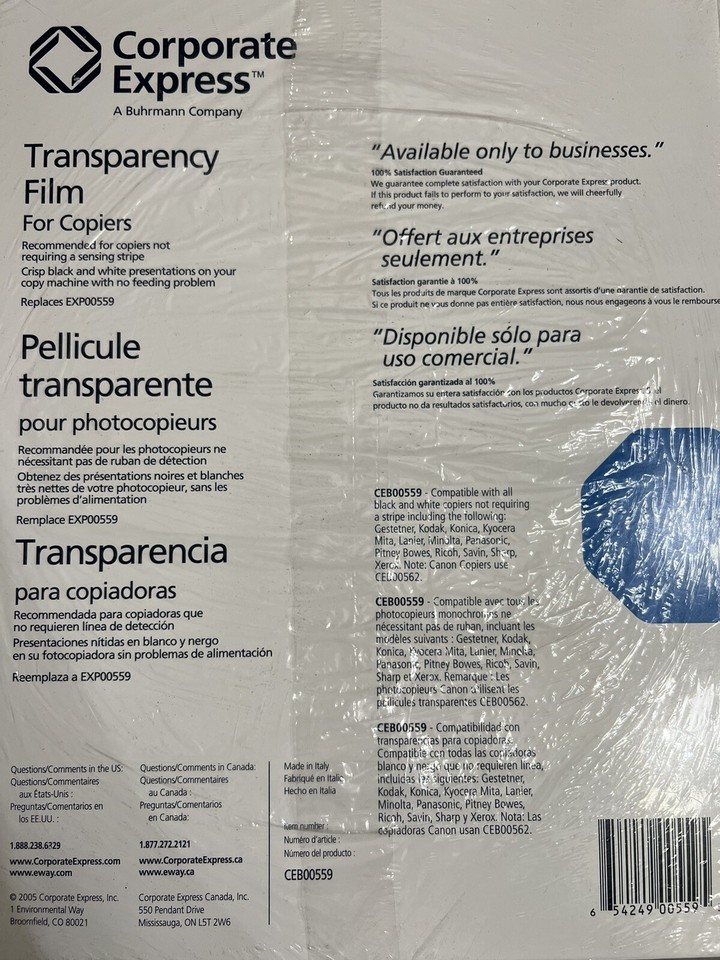 Corporate Express Transparency Film for Copiers New Unopened Sealed 100 ...
