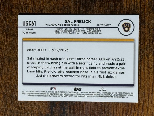 2024 Milwaukee Brewers ROOKIE DEBUT Sal Frelick Topps Chrome Update ...
