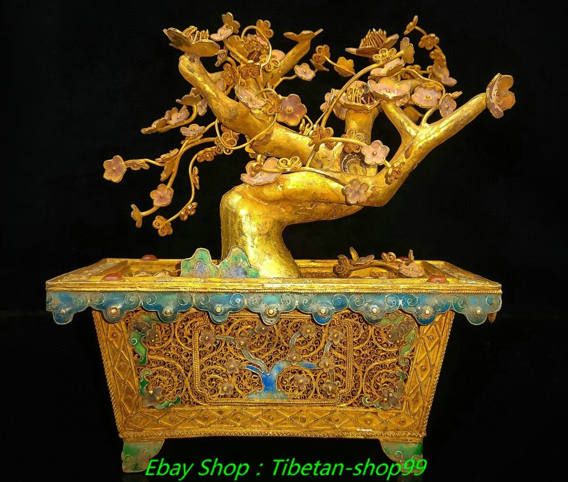 6.3"Old Pure Silver Gilt Cloisonne Enamel Plum Tree Flower Pot Bonsai ...