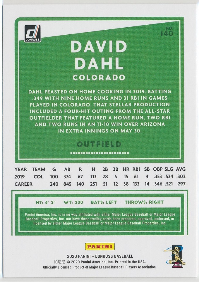 2020 Panini Donruss Baseball David Dahl HOLO PURPLE #140 Colorado ...