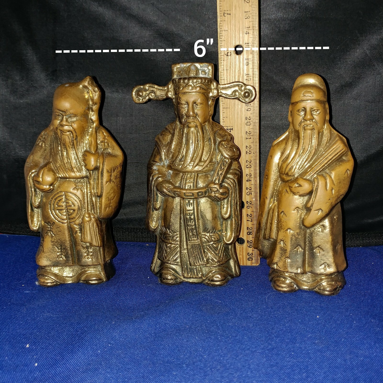 Vintage 3 metal bronze feng shui gods of luck wise men Fu, Lu, Shou ...