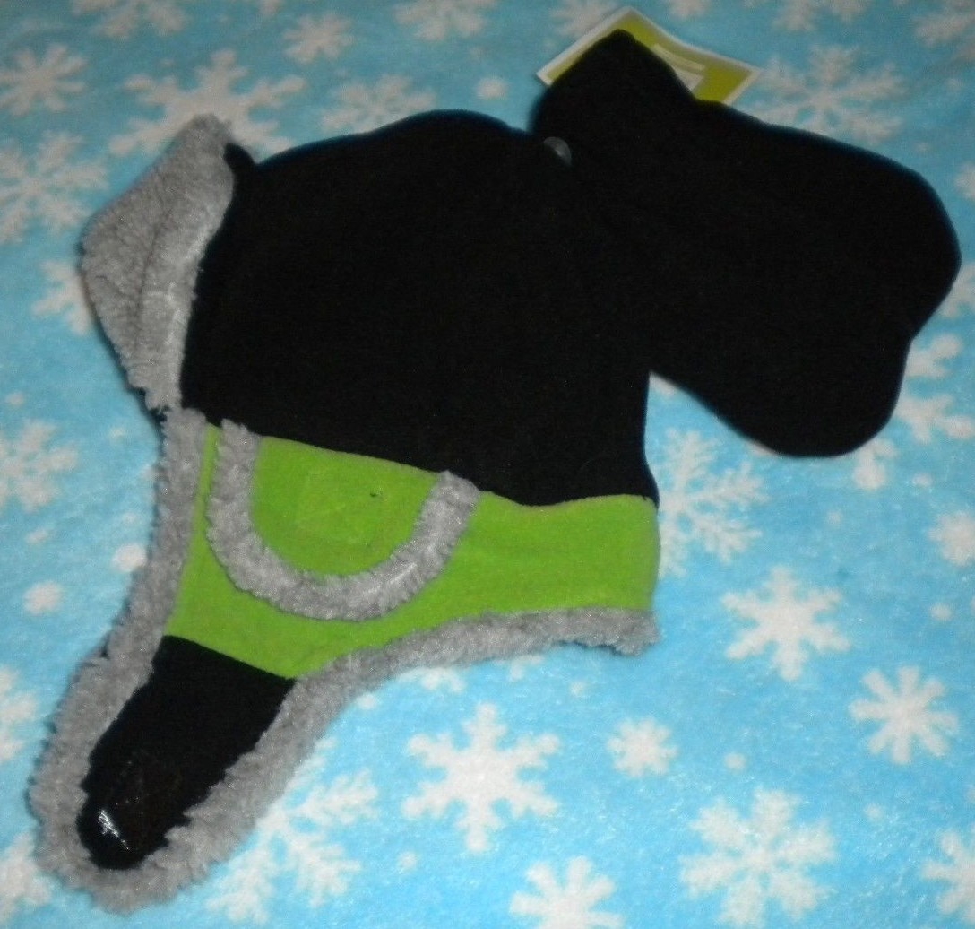 CIRCO Trapper Hat & Mittens Black & Lime Green with Gray Fleece Trim SZ ...