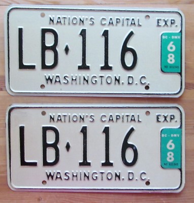 Washington DC 1968 LIVERY License Plate PAIR - SUPERB QUALITY # LB-116 ...