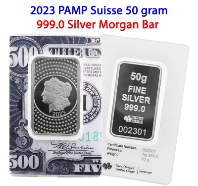 2023 PAMP Suisse Morgan 2023 $500 Bill 50g Silver Bar Assay 999.0 Fine ...