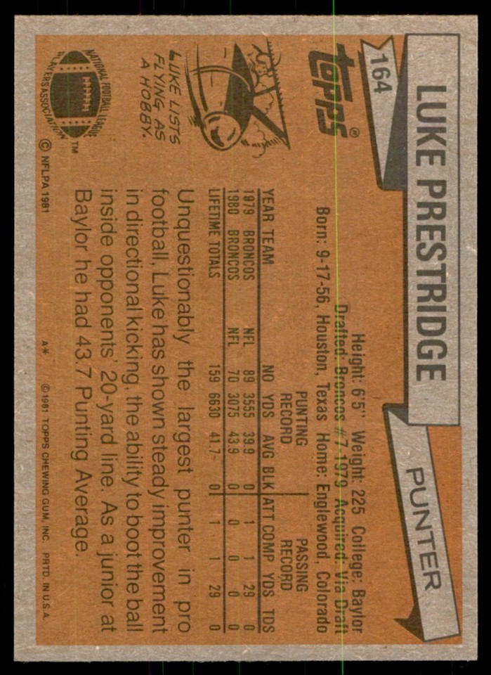 1981 TOPPS LUKE PRESTRIDGE* DENVER BRONCOS #164 | eBay