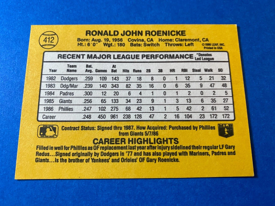 RON ROENICKE 1987 DONRUSS AUTO IP SIGNED PHILLIES DODGERS BREWERS RED ...