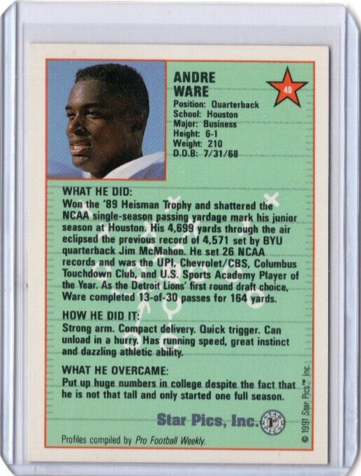 ANDRE WARE NCAA Cougars 1991 Star Pics Auto Autographed Signed #40 Card ...