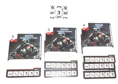 Dice Masters Venom Set 6 Cards 6 Dice: Abandoned The Stinger, Spidery, Symbiotic | eBay