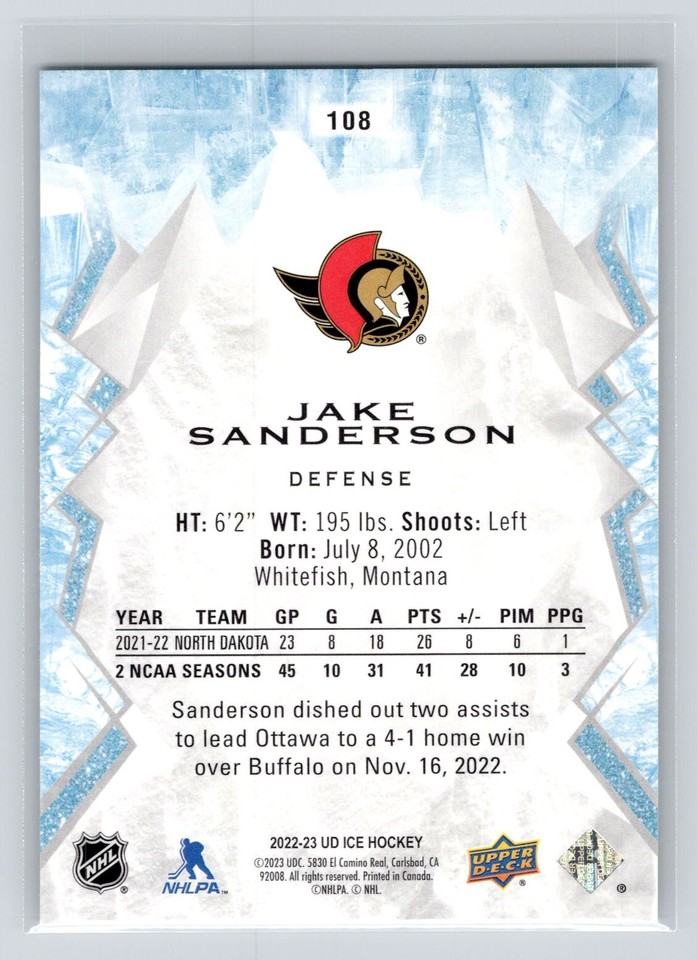 2022-23 Upper Deck ICE Jake Sanderson #108 Green Rookie | eBay