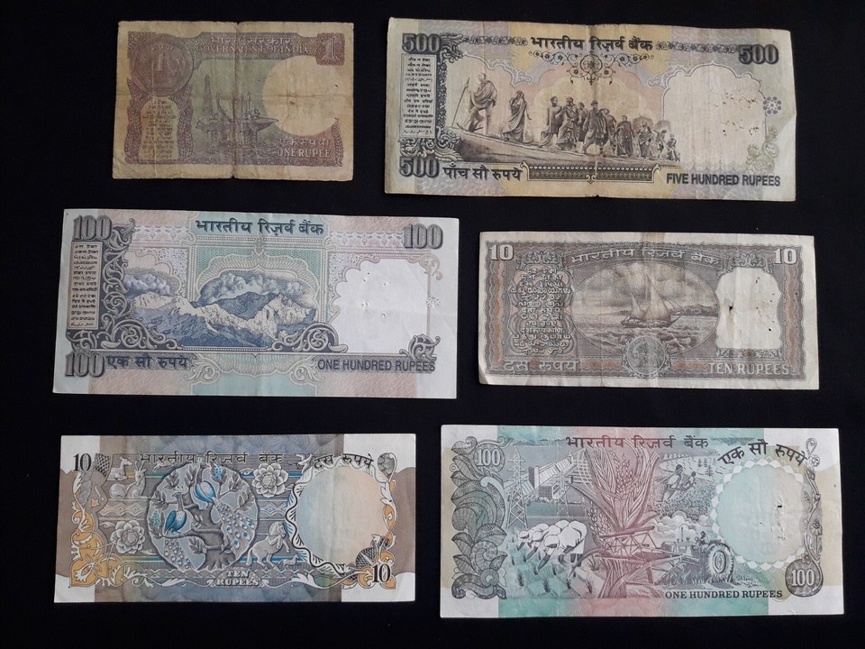 INDIA 1 + 2x 10 + 2x 100 + 500 RUPEES Banknotes - Different Years ...