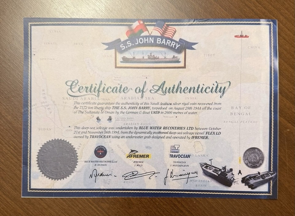 SS John Barry Shipwreck Saudi Arabia Silver Riyal 1944 + Copper Shield ...