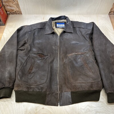 BOEING Leather Bomber Jacket BROWN Aviator Flight Coat Embroidered Vtg ...