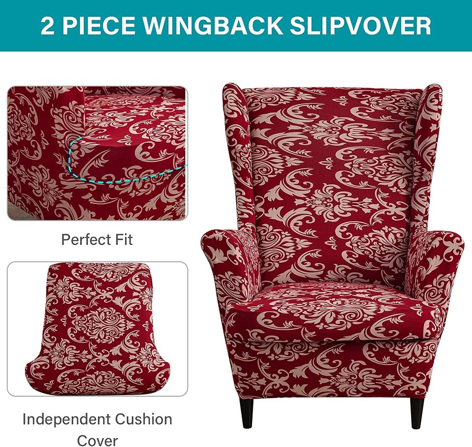 2 Piece Wingback Chair Cover Stretch Printed Wing Chair Cover Armchair ...