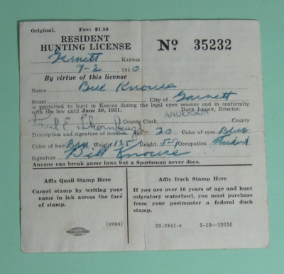 1950 Kansas Resident Deer Small Game Hunting License Tag...Free ...