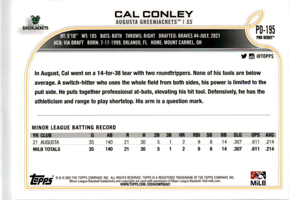 2022 Topps Pro Debut Baseball Cal Conley #PD-195 | eBay