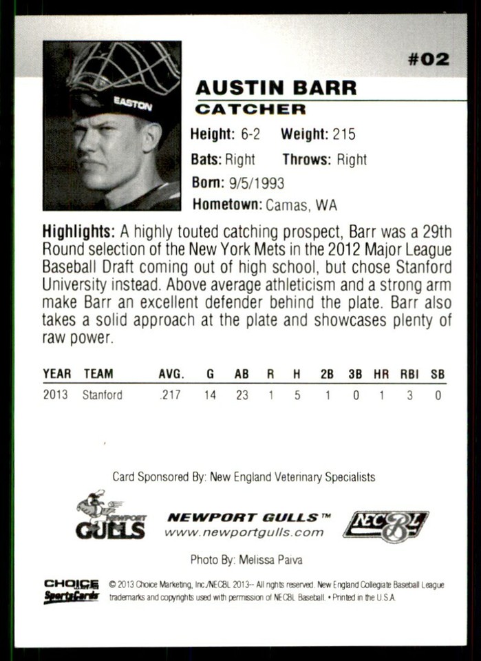 2013 Choice Austin Barr Newport Gulls #2 | eBay