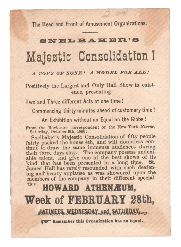 c1886 Snelbaker's Majestic Consolidation Trade Card Circus Show Howard ...