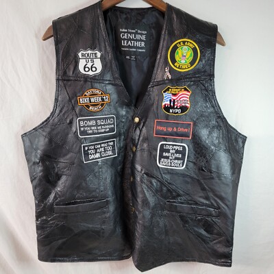 Navarre Mens XXL Blk Leather Moto Vest w Patches Biker NYPD ARMY ...