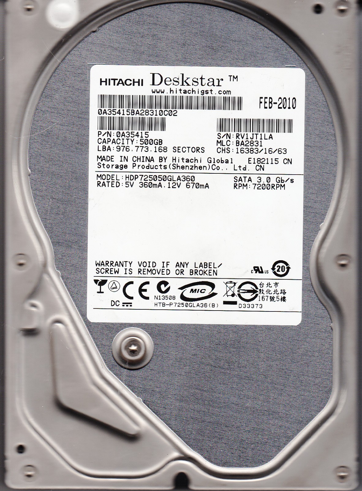 Hitachi HDP725050GLA360 pn: 0A35415 mlc: BA2831 500GB 3.5" HDD SATA ...