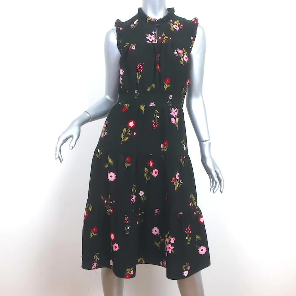 Kate Spade In Bloom Sleeveless Tiered Dress Black Floral Print Crepe ...