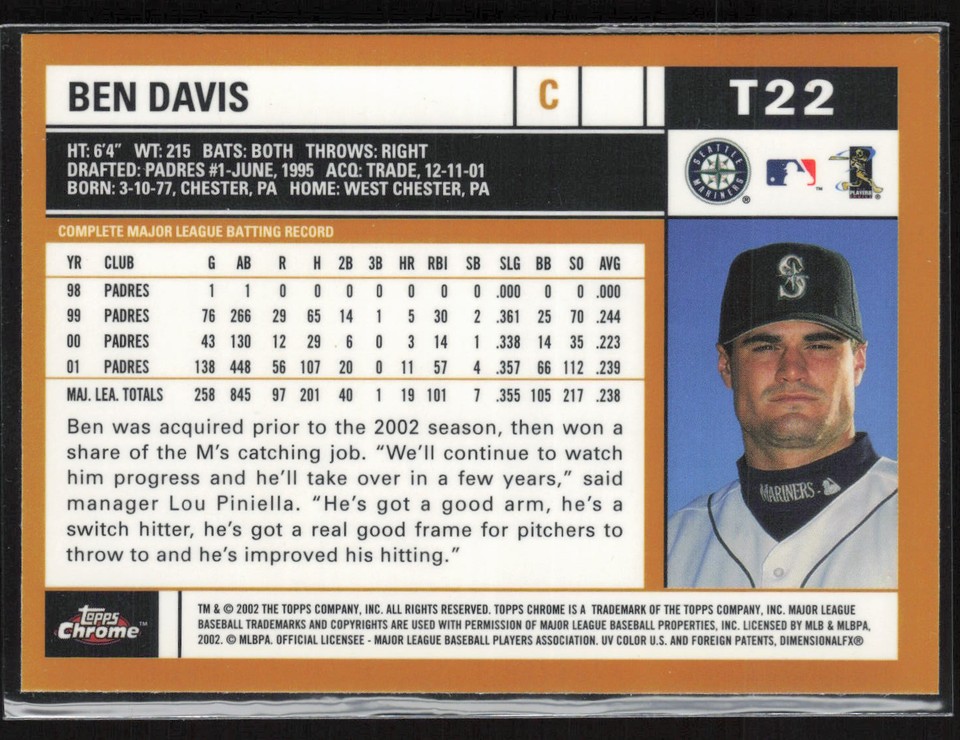 2002 Topps Traded & Rookies #T22 Ben Davis Seattle Mariners Card | eBay