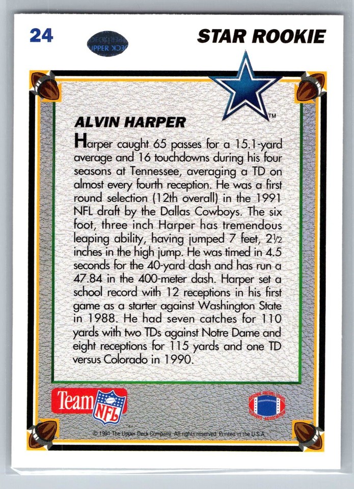 1991 Upper Deck Alvin Harper Star Rookie Dallas Cowboys RC #24 | eBay