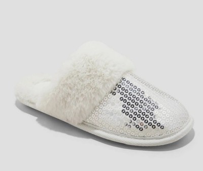 Womens Auden Rae Silver Sequin Scuff Slippers IndoorOutdoor Faux Fur ...