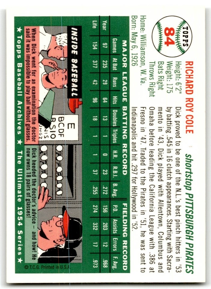 1994 TOPPS ARCHIVES 1954 DICK COLE PITTSBURGH PIRATES #84 | eBay