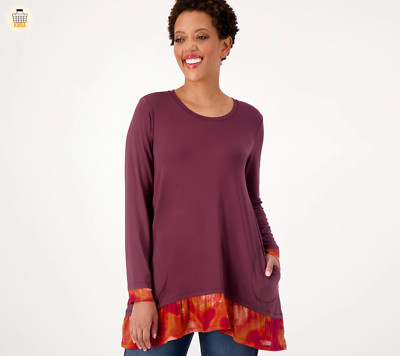 LOGO by Lori Goldstein Rayon 230 Top with Tie-Dye Mesh Hem - Dark ...