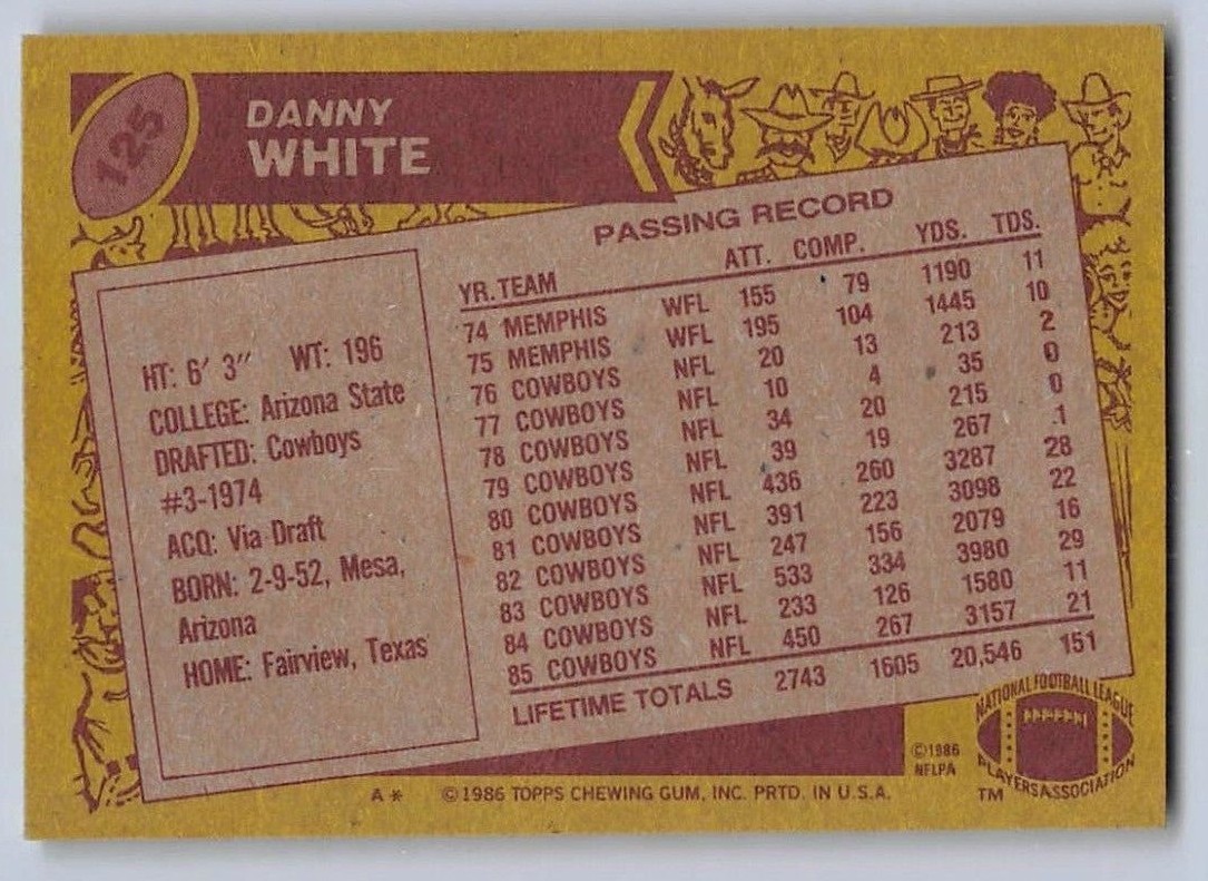 1986 DANNY WHITE - Topps Football Card - # 125 - DALLAS COWBOYS | eBay