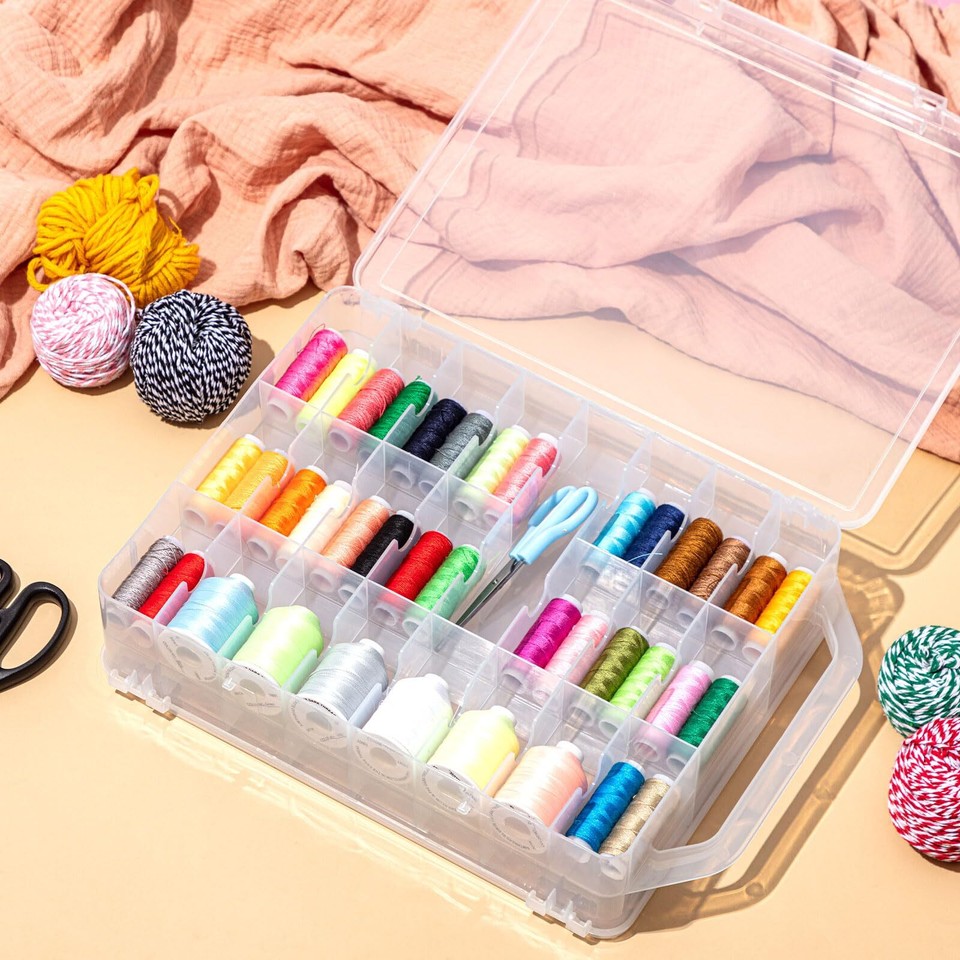 2 Pack Double Sided Thread Box Storage 46 Grids Sewing Organizer Box ...