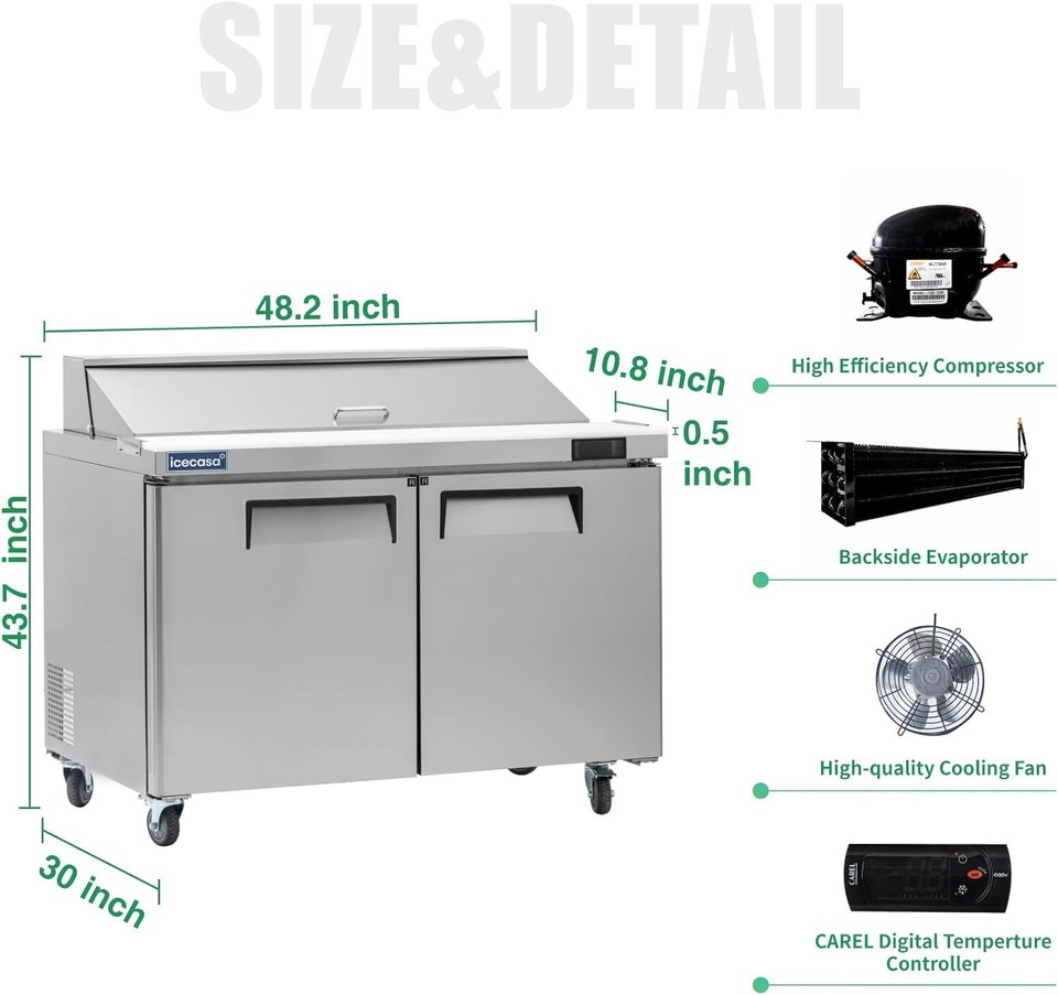 48" Sandwich Prep Table Fridge, ICECASA 2 Door Food Bain Marie Cooler ...