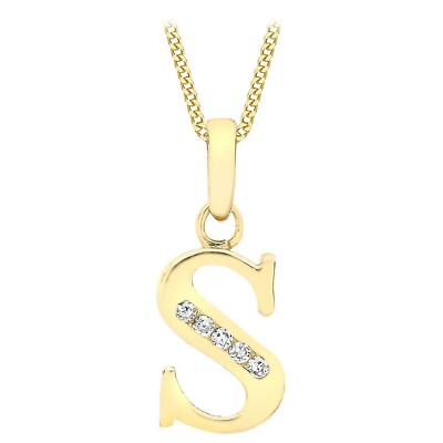 Letter Initial S 9ct Gold Cubic Zirconia Pendant Necklace, Curb Chain ...