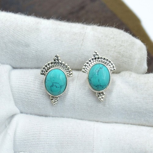 Handcrafted Oval Blue Turquoise Studs Earrings 925 Sterling Silver Boho Earrings | eBay Australia