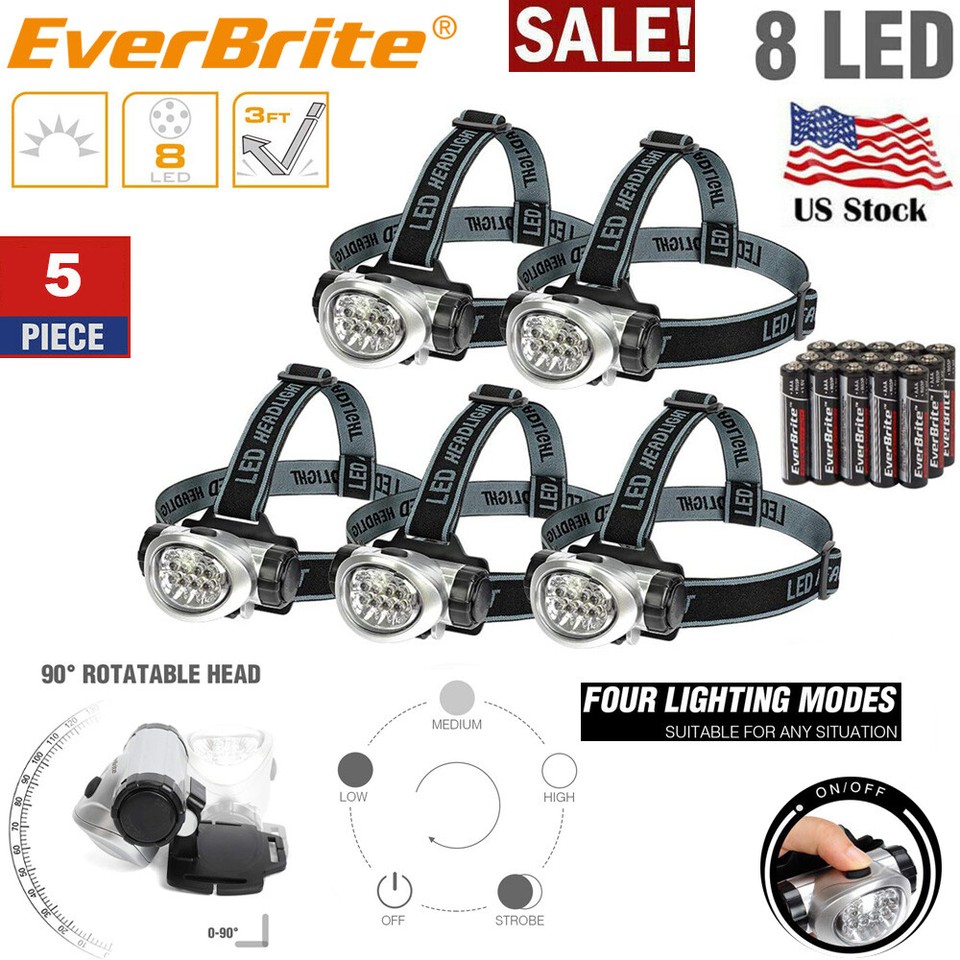 EverBrite 5Pack LED Headlamp Pivoting Head w/Adjustable Headband 4 Lighting Mode 820909728757| eBay