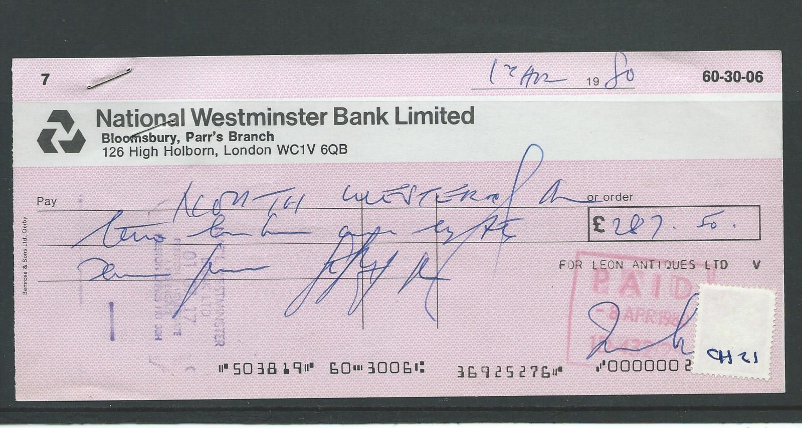 wbc. - CHEQUE FORM - CH21- USED -1980's - NAT WEST. LONDON WC1 ...