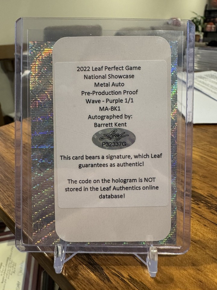 Barrett Kent 2022 Leaf Perfect Game Prospect RC Auto #1/1 Proof 🔥📈 LA ...