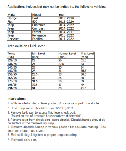 Transmission Oil Level Dipstick Tool 10323A For Chrysler 6F24 Automatic ...
