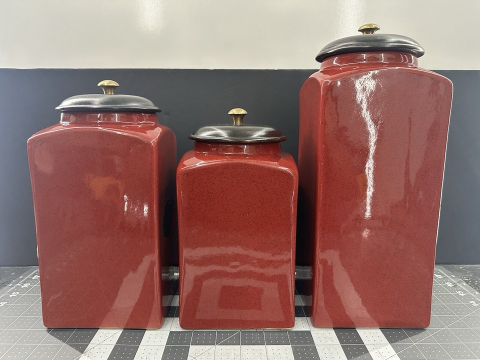 PIER 1 LARGE Rustic Brick Red 3 PCs Ceramic Canister Set W/ Vacuum Seal ...