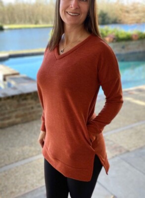 Oversized Pocket Sweater V Neck Split Side Banded Bottom Rust | eBay