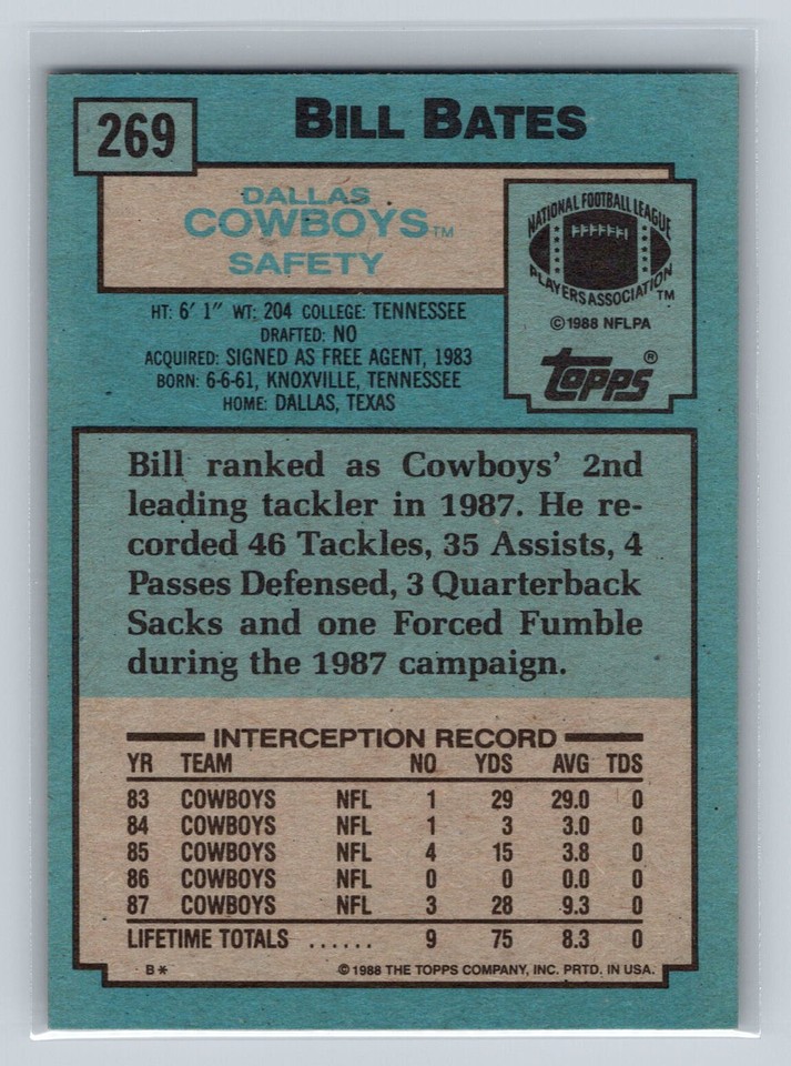 1988 Topps #269 Bill Bates Dallas Cowboys Mint | eBay
