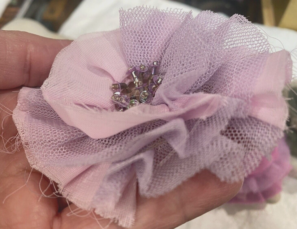 vintage applique boho flower layered netting beads hand sewn 3.5 ...