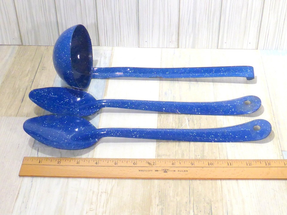 Blue Enamelware Spoons and Ladle Set of 3 Pre-Owned | eBay