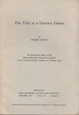Harry Levin / The Title As Literary Genre 1977 | eBay