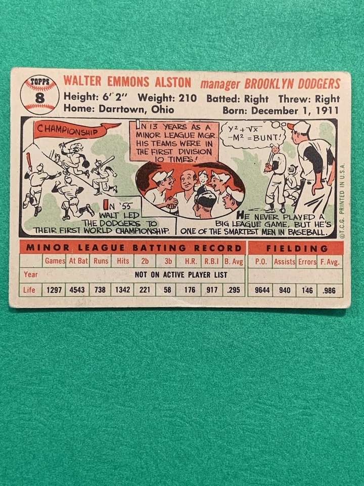 1956 TOPPS #8 WALTER ALSTON, WHITE BACK, BROOKLYN DODGERS, EX | eBay